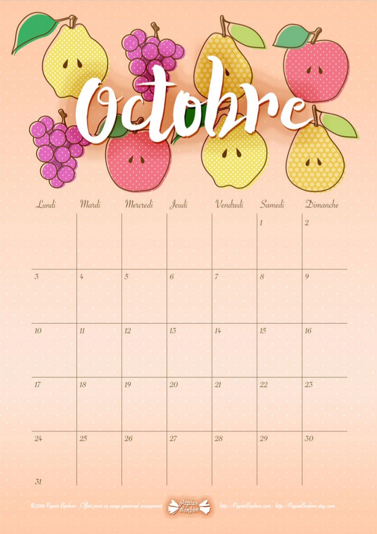 Calendrier d'Octobre - C'est l'Automne - Papier Bonbon