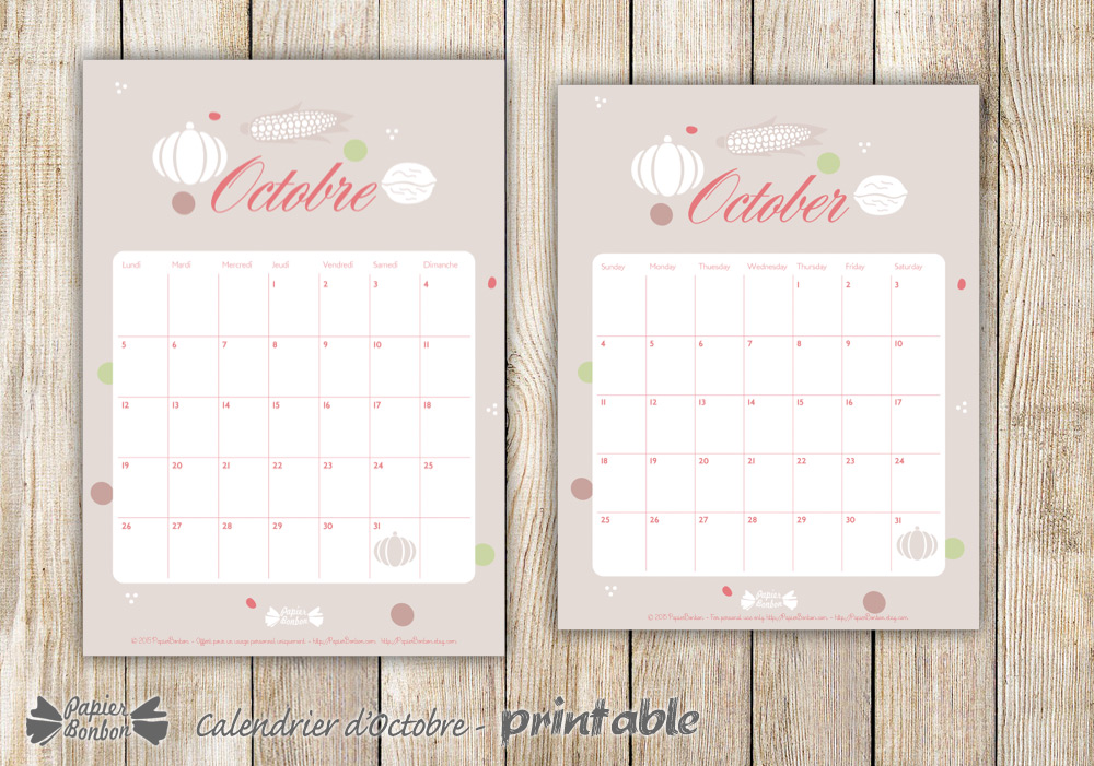 Calendrier d'Octobre 2015 - Papier Bonbon